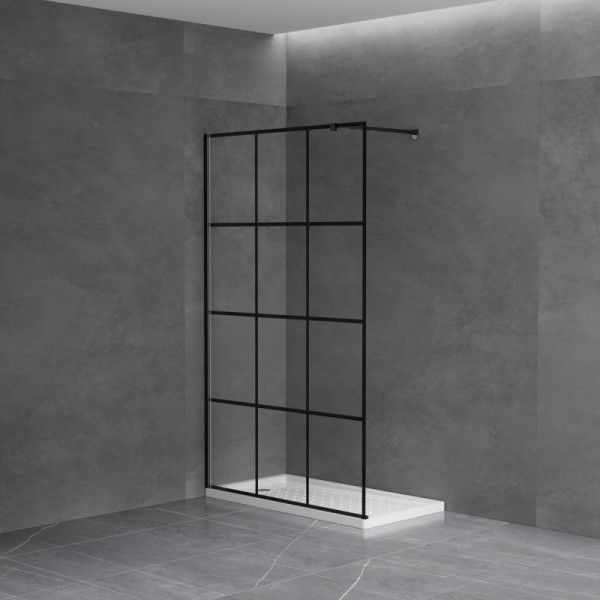 Quality Walk in Black Shower Screen Printed Tempered Glass 6mm 8mm with Stainless Bar Accessory for sale