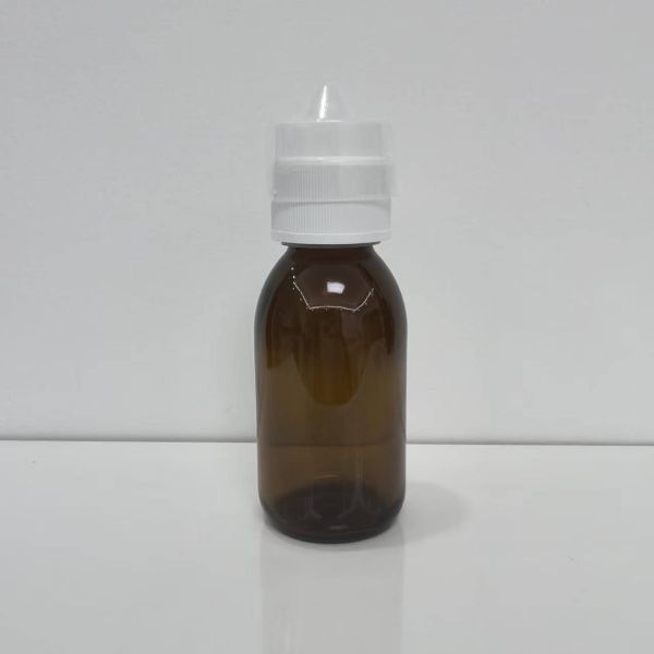 Quality 80ml Amber Glass Oil Bottle with Glass Collar Pull Ring Cap Silk Screen Printing Measure Cup Paper Booklet Included for sale