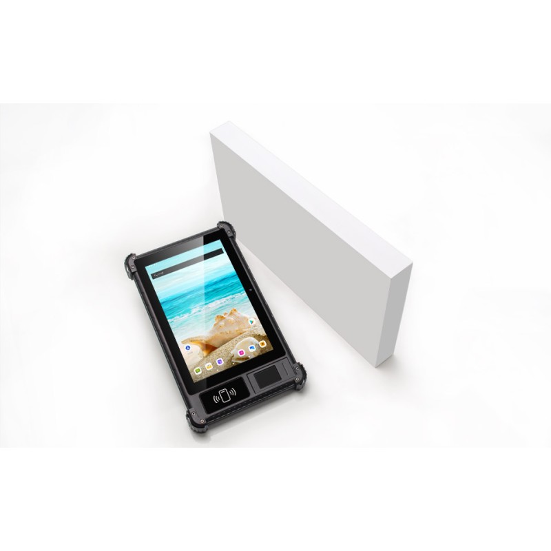 Front view of industrial rugged tablet with biometric fingerprint scanner