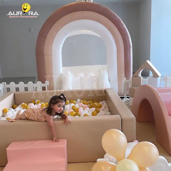 Quality White Brown Pink Inflatable Soft Play Equipment Playground Ball Pit With Slide for sale