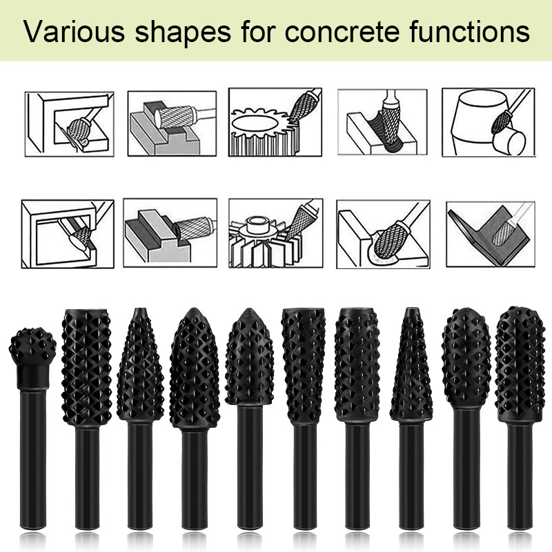 6PC Woodworking Rotary Rasp File Six Piece Woodworking Face Milling Cutter Carving Milling Cutter Electric Drill with DIY Root