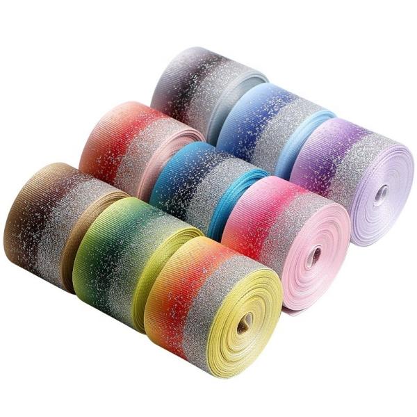 Quality 38mm Puff Sliver Gradient Glitter Grosgrain Ribbon with Heat-transfer Print for sale