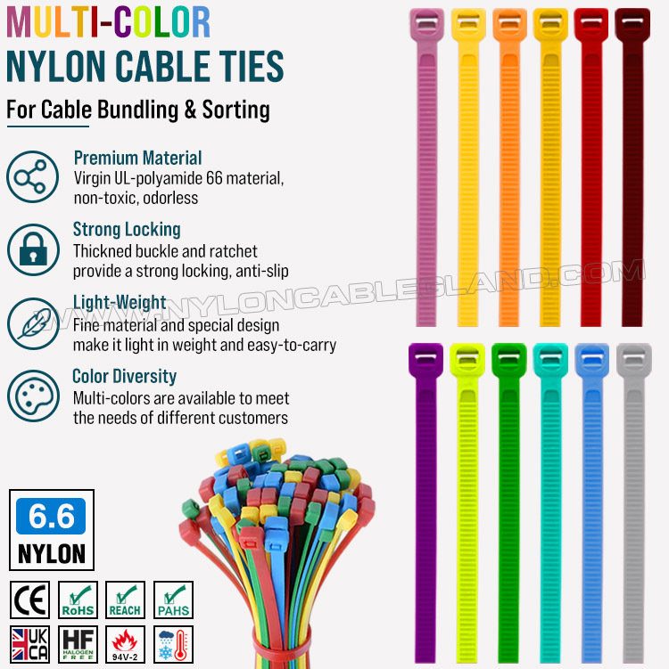 Quality Colored Cable Tie 200mm x 4.8, 3~50mm Adjustable Nylon 66 Multicolor Zip Tie (222N / 50LBS) for Cable Visual Management for sale