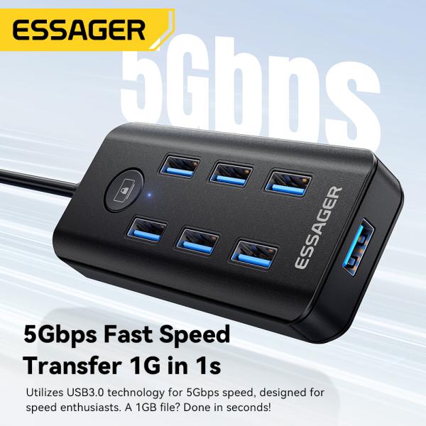 Quality Essager ES-HB04 7-Port USB 3.0 Hub for Laptop PC 5Gbps Data Transfer for sale