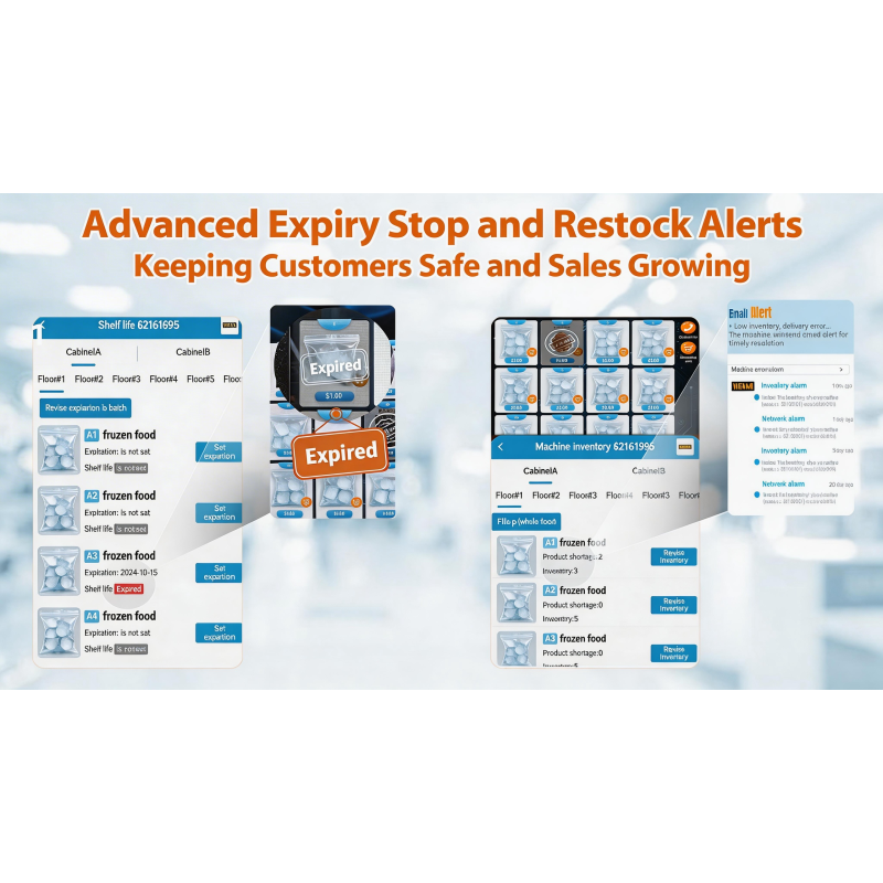 Weimi Smart Fridge Ice Vending Machine showing automated inventory management with real-time alerts for ice stock and proactive restocking notifications