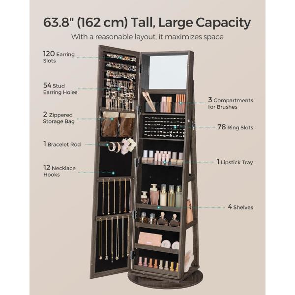 Quality Brown 360° Swivel Jewelry Cabinet Rectangle Standing Mirror With Storage for sale
