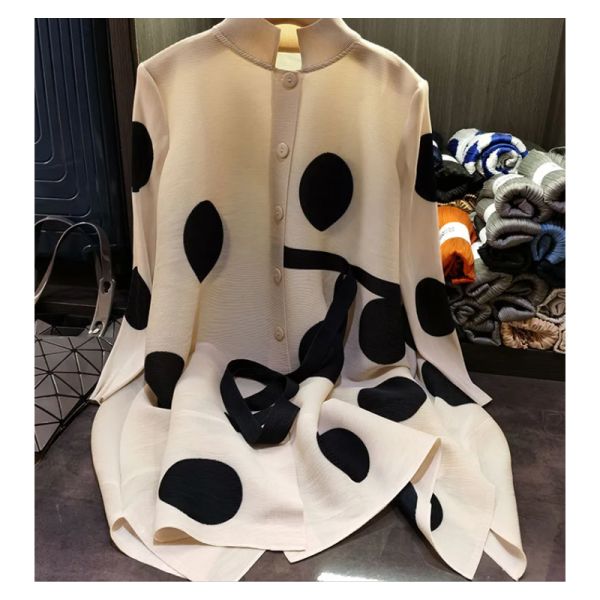Quality High End Three House Style Stand up Collar Polka Dot Loose Oversized Pleated Dress Single Breasted Shirt Skirt for Women's Sprin for sale