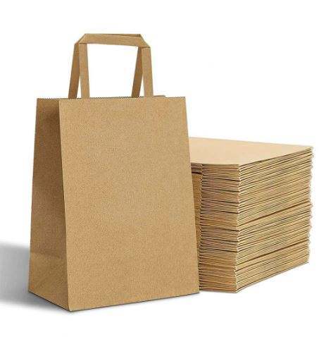 Quality Custom Made Printed Brown Flat Handle Takeaway Fast Food Packaging Kraft Paper Bag Restaurant Carry Bag for sale