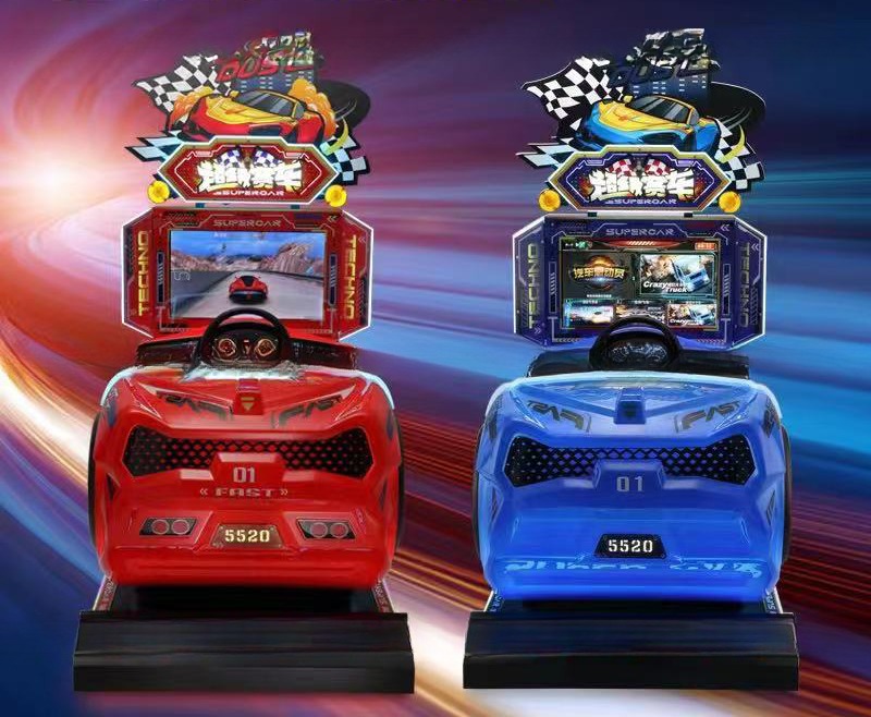 Side angle showing racing game controls and screen