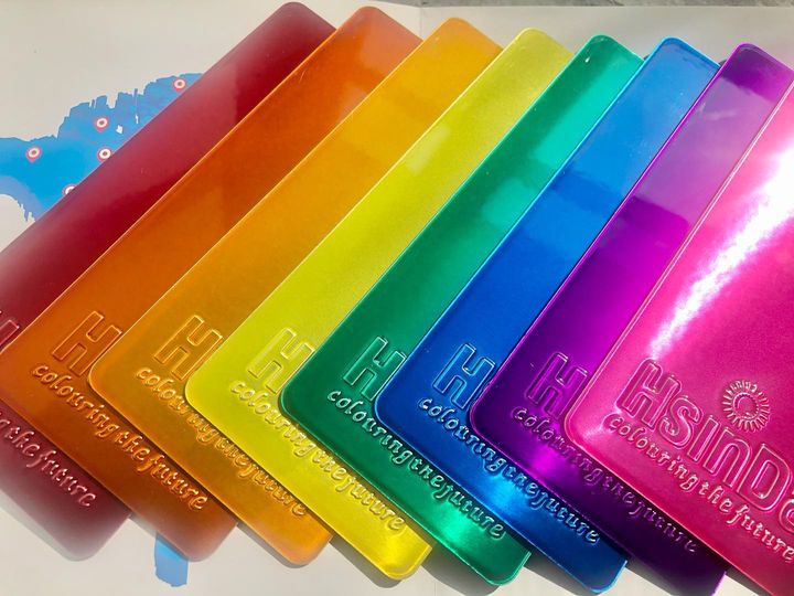 HSINDA Candy Transparent Powder Coating Paint sample showing mirror effect finish
