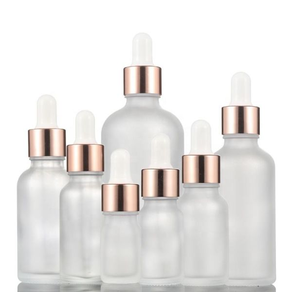 Quality Frosted Transparent Essential Oil Glass Bottles 5ml-100ml With Rose Gold Dropper for sale