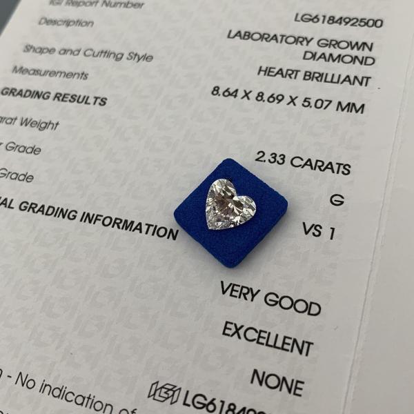 Quality 2.33ct Lab Grown Diamond Heart Cut CVD G VS1 2EX N IGI Artificial Diamonds for sale