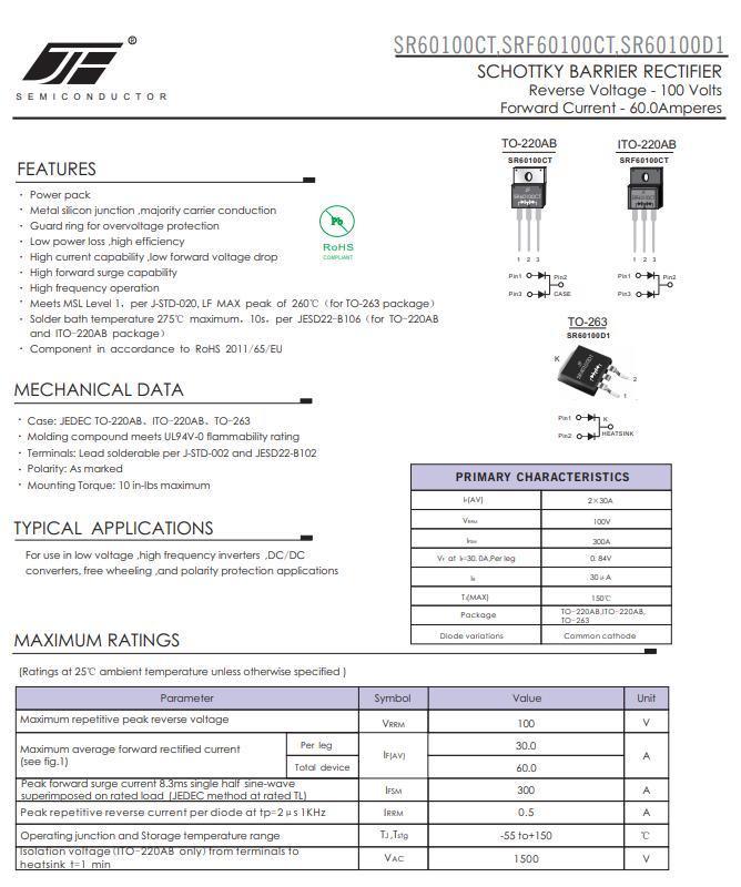 SR60100CT 60A 100V Schottky Barrier Rectifier Diode with TO-220AB Package
