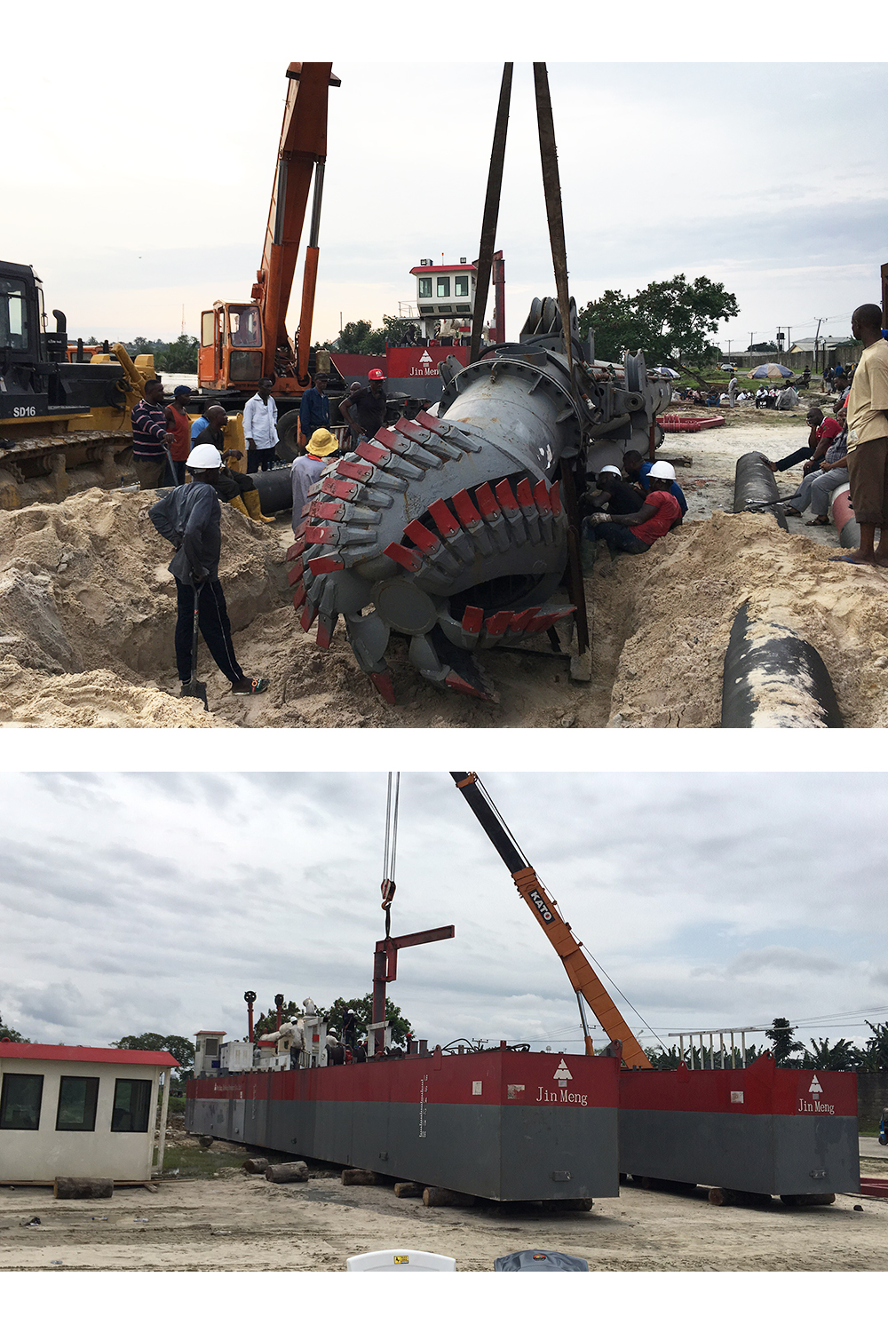 Technicians installing dredger components