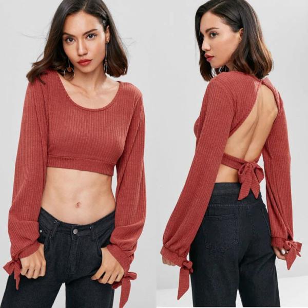 Quality Open Back Knotted Cut Out Long Sleeve Knit Top Women for sale