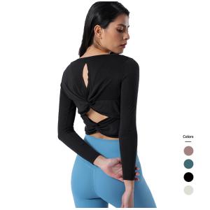 Quality Pretty Bow Backless Cropped Workout Long Sleeve Shirts For Yoga for sale