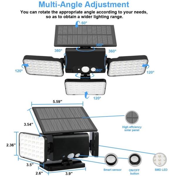 Quality Adjustable Heads 1000lm 260Pcs LED Solar Motion Sensor Wall Light Outdoor for sale