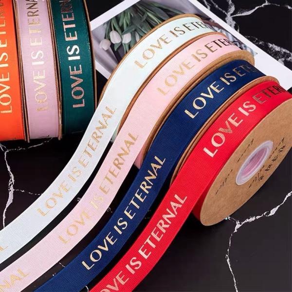 Quality MSD Custom Embossed Logo Printed Ribbon High Tenacity Gold Foil Polyester Grosgrain Ribbon for sale