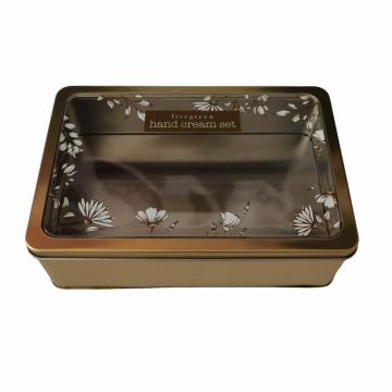 Quality Customized Rectangular hot chocolate tin can Transparent Window Lid vintage for sale