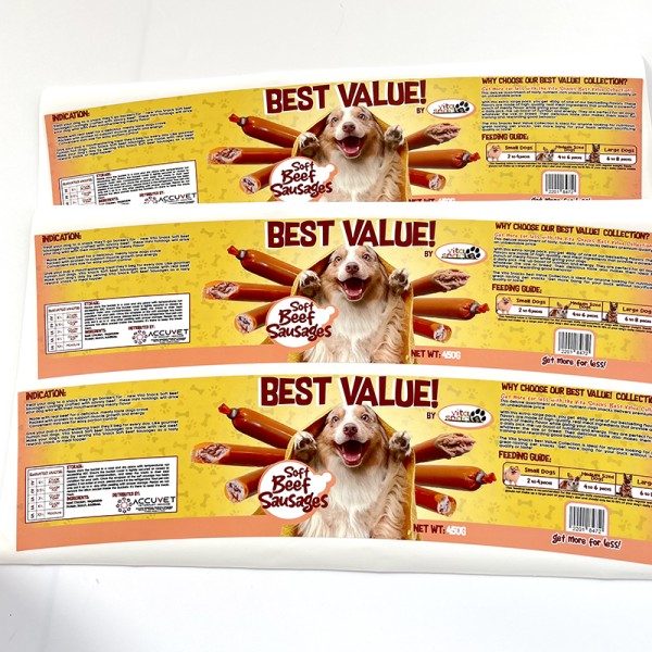 Quality Custom Printed Waterproof Vinyl Dog Food Label Sticker for Craft Candle Minimum Order 500pcs Adhesive Packaging for Beef Sausage for sale