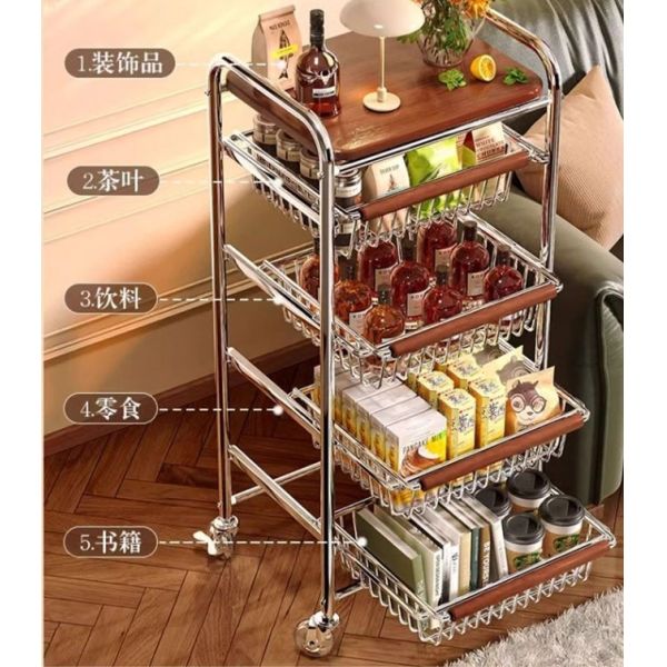 Quality 5-Tier Mobile Snack Shelf with Wood Accents - Versatile Storage Cart for Kitchen and Living Room for sale