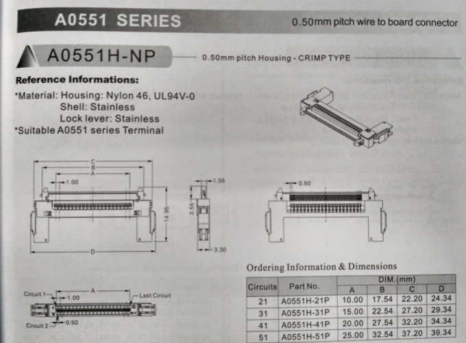 No Damage 0.5mm Pitch Connector 41 / 51 Positions Single Row A0551HNP