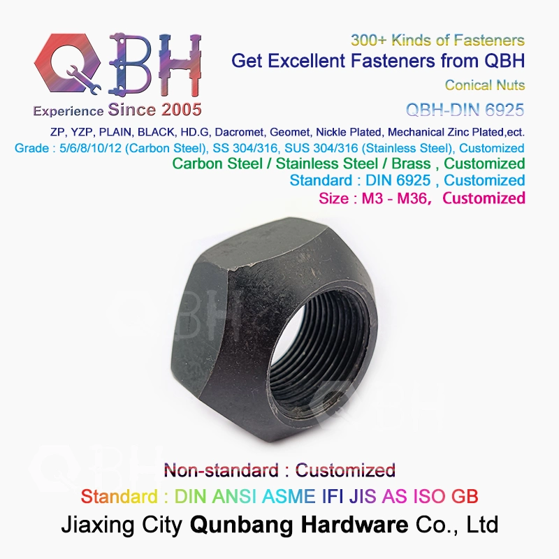 Qbh DIN6925 M3-M36 DIN 6925 Plain Black Yellow Blue Zinc Nickle Plated Hot DIP Galvanizing Dacr*Met Ge*Met Chrome Plating Wheel Hub Lock Hex Conical Nuts
