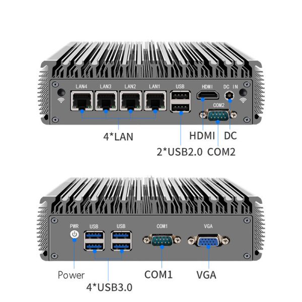 Quality industrial fanless mini pc 4 lan RJ45 Giga Quad core J4125 core i3 i5 i7 Fanless Industrial mini pc computer for sale