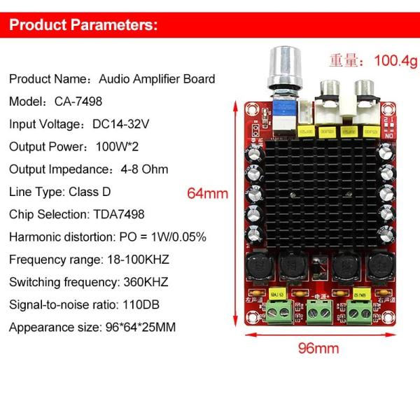 Quality Dual Channel 100W Output Audio Amplifier Board with DC14-34V Input and Class D for sale