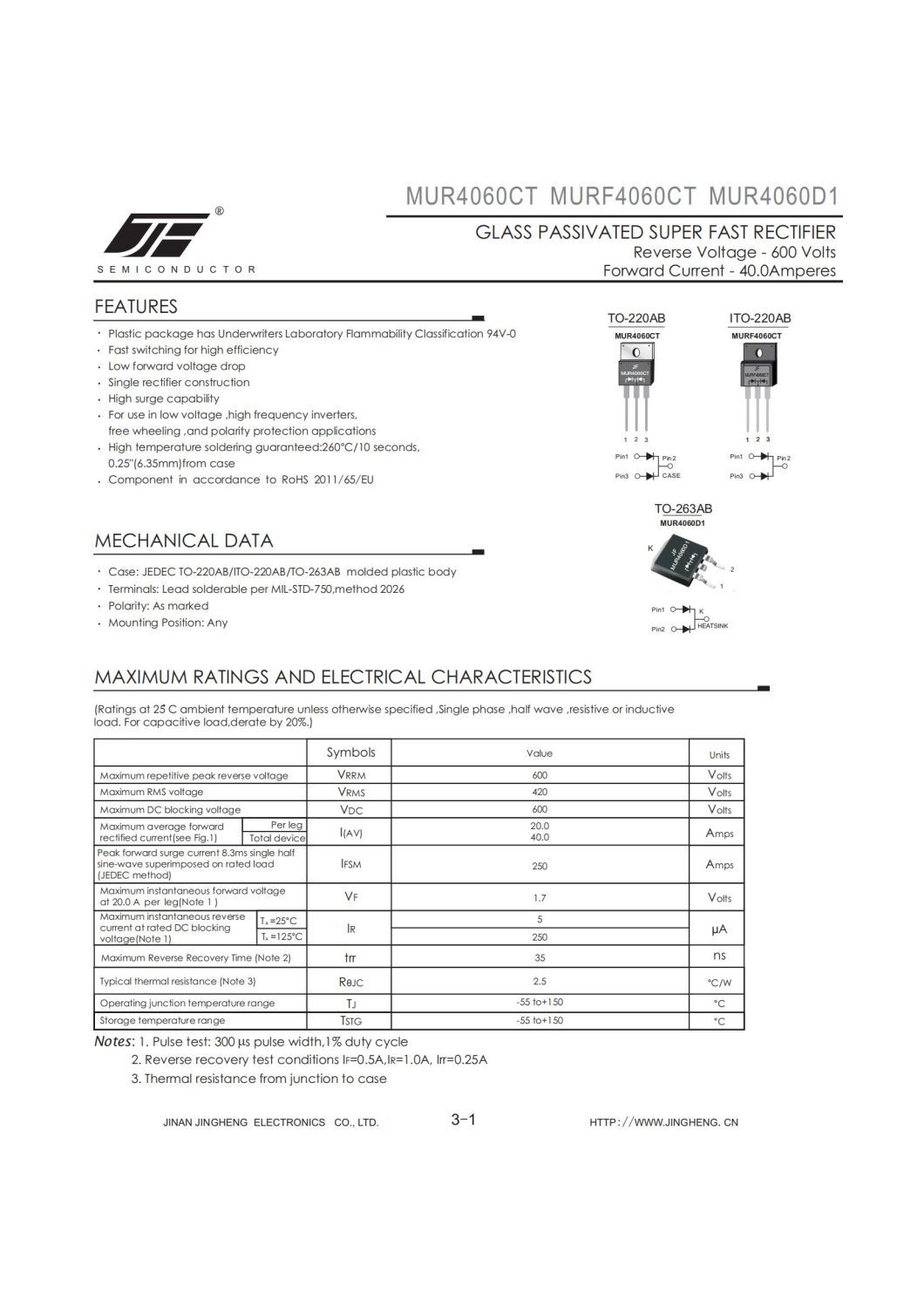 MURF4020CT/MURF4040CT/MURF4060CT 40A CURRENT SUPER FAST RECTIFIER DIODE WITH ITO-220AB CASE