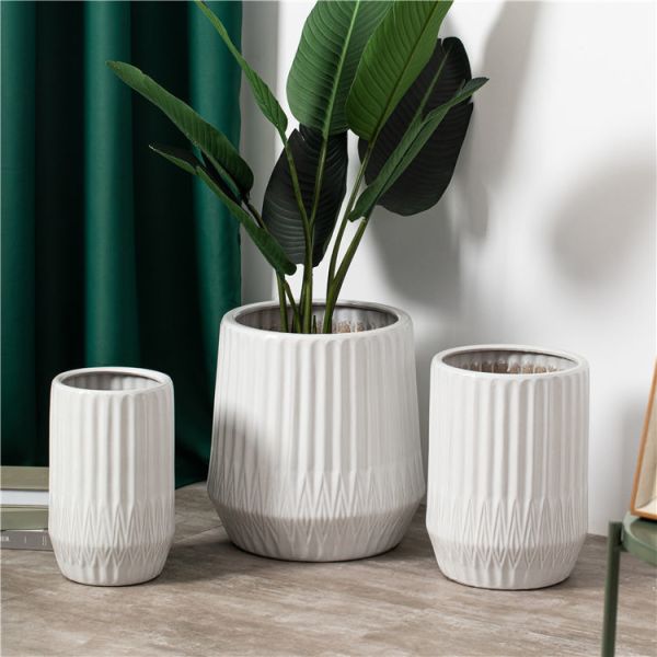Quality Nordic style white modern home decoration stripe flower succulent pots indoor outdoor gardening ceramic planters for sale