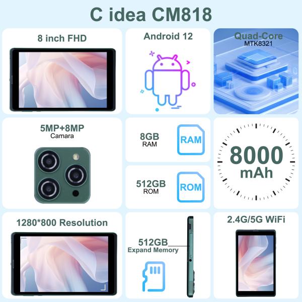Quality C idea 8 Inch Android Tablet PC With Android 12 OS Quad Core CPU 8GB RAM 512GB for sale
