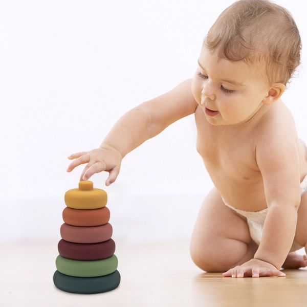 Quality Custom Kids Learning Intellectual Building Blocks Baby Round Silicone Stacking Toys for sale