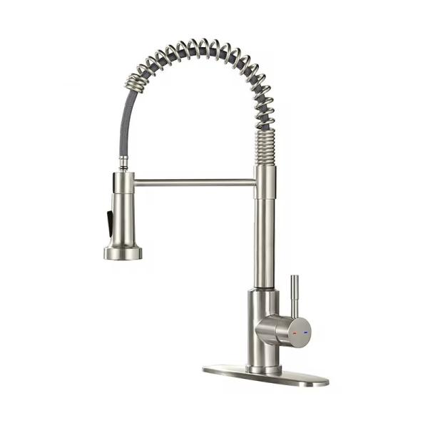 Quality Deck Mounted Single Handle Pull-Down Kitchen Faucet in Brushed Nickel with Hole Cover for sale