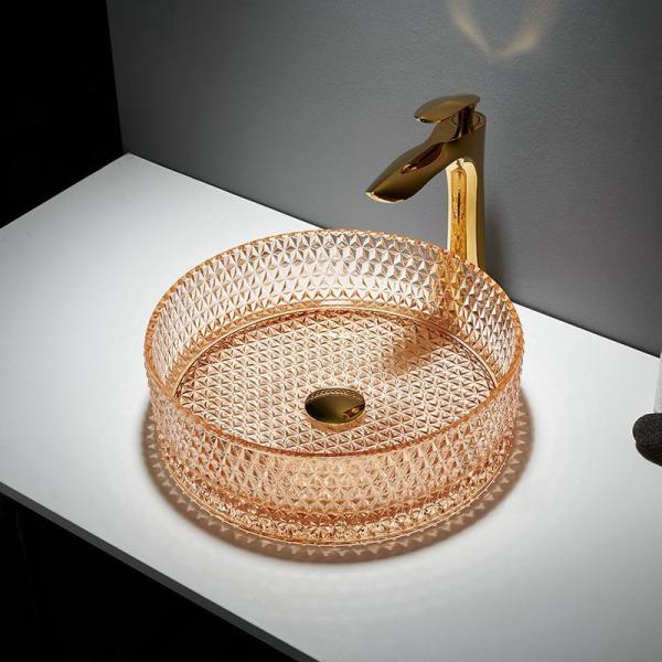 Quality Amber Color Glass Vessel Basins Restaurant Crystal 10 Inch Table Top Wash Basin for sale