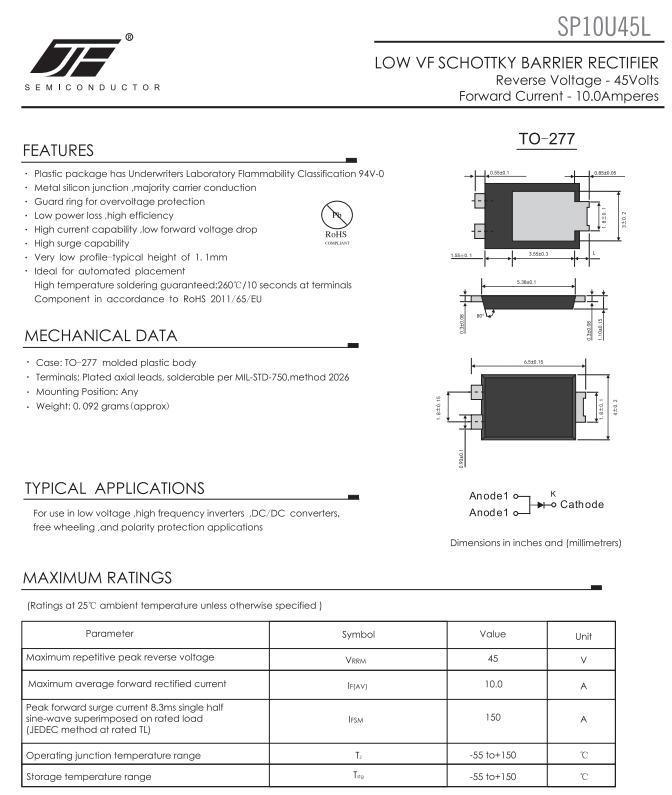 TO-277 Package SP10U45L/SP10U80L/SP10U100L/SP10U150L/SP10U200L 10A Current Low Vf Schottky Diode