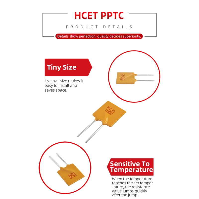 Close-up view of PPTC resettable fuse components and internal structure