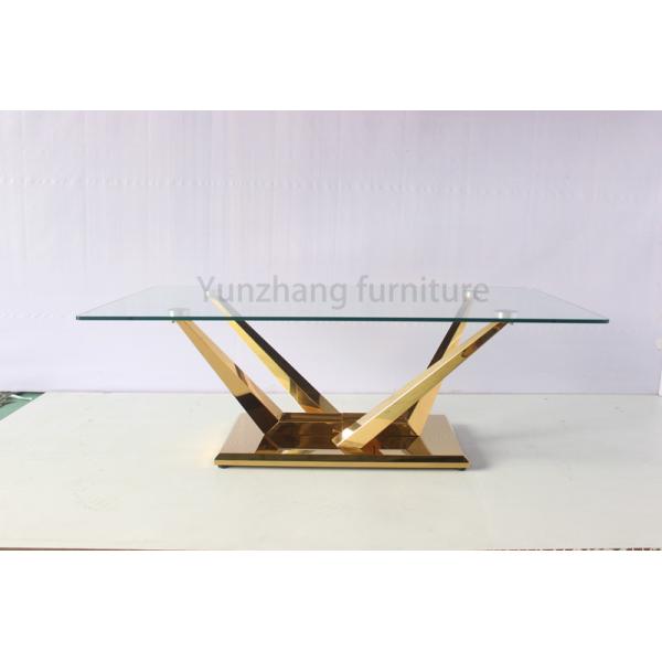 Quality Rectangular Transparent Glass Dining Table Stainless Steel Furniture With gold for sale