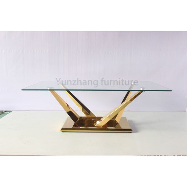 Quality Rectangular Transparent Glass Dining Table Stainless Steel Furniture With gold Base for sale