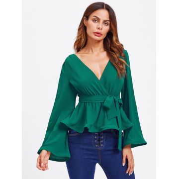 Quality Bell Sleeve Wrap Blouse with Deep V Neck for sale