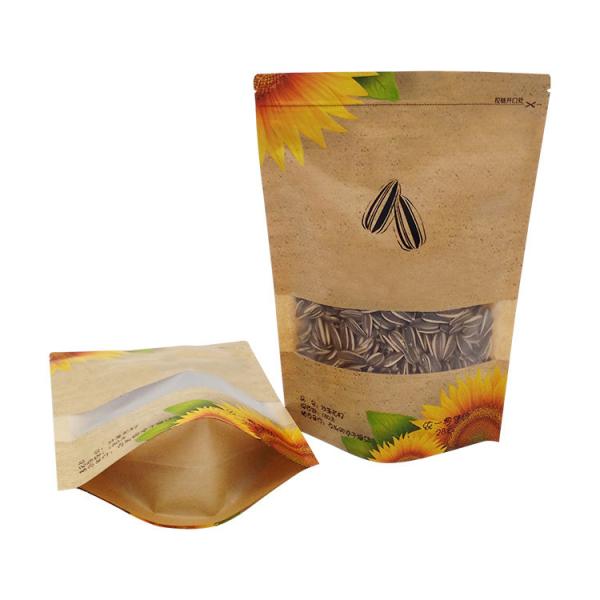 Quality Water Proof Resealable Ziplock Kraft Stand Up Pouches With Window For Sunflower Seed Nuts Food Packaging for sale