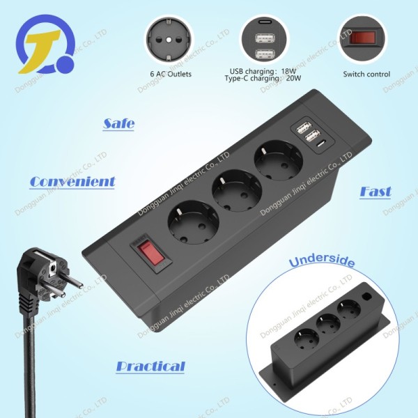 Quality EU Standard Embedded Desktop Socket with 20W Type-C Fast Charging 18W USB-A and 6 AC Outlets for sale