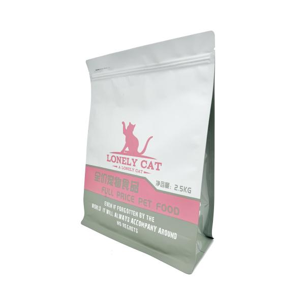 Quality 2500g Custom Matte White 8 Sides Seal AL Foil Coated Square Box Bottom Pet Food Packaging Bags with Easy-open Zipper for sale
