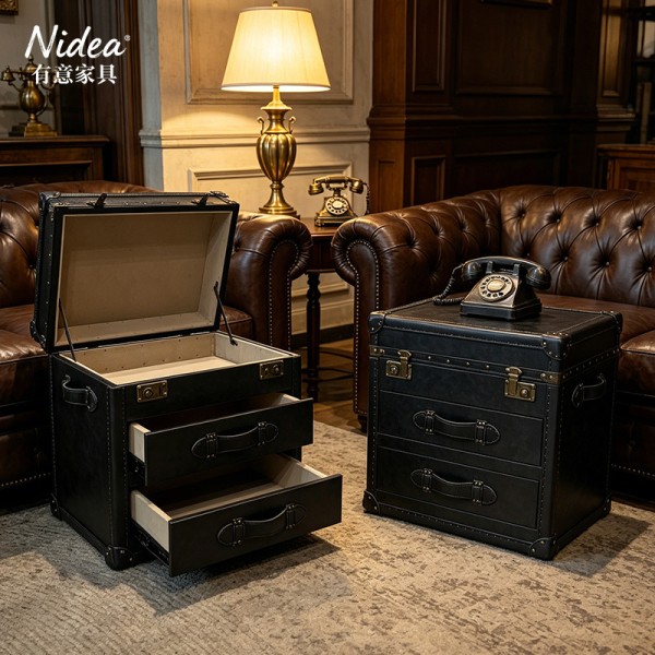 Quality Vintage Industrial Black Leather Trunk Nightstand 2-Drawer Storage Cabinet Bedside Table with Lift-Top Club Bar Living Room for sale