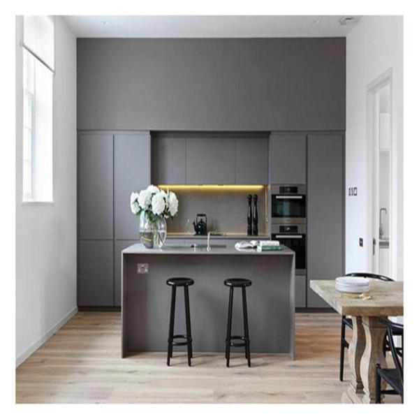 Quality CAD/3D Freely Light Grey Matte Lacquer Solid Wood Kitchen Cabinets with Centre for sale