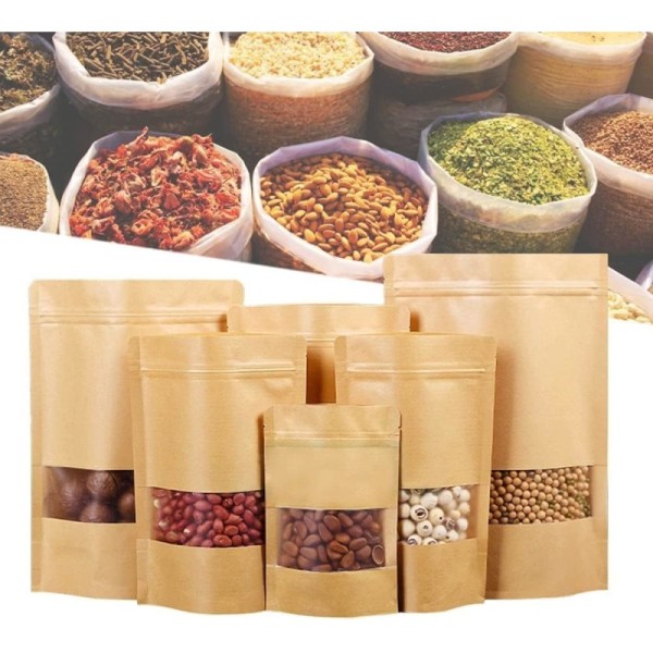 Quality Eco-Friendly Brown Kraft Food Paper Bag with Window Zip Lock Packaging of Different Sizes Plastic Bags for sale