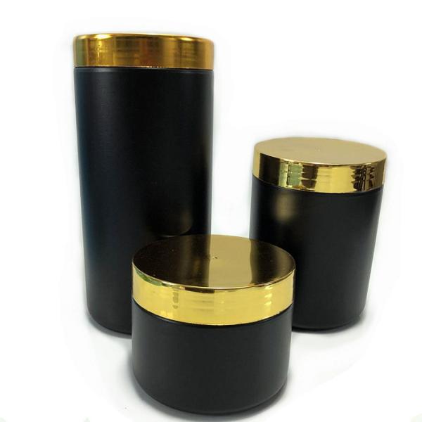 Quality Customized Various Sizes Black Plastic Wide Mouth Powder Canister With Gold Lid for sale