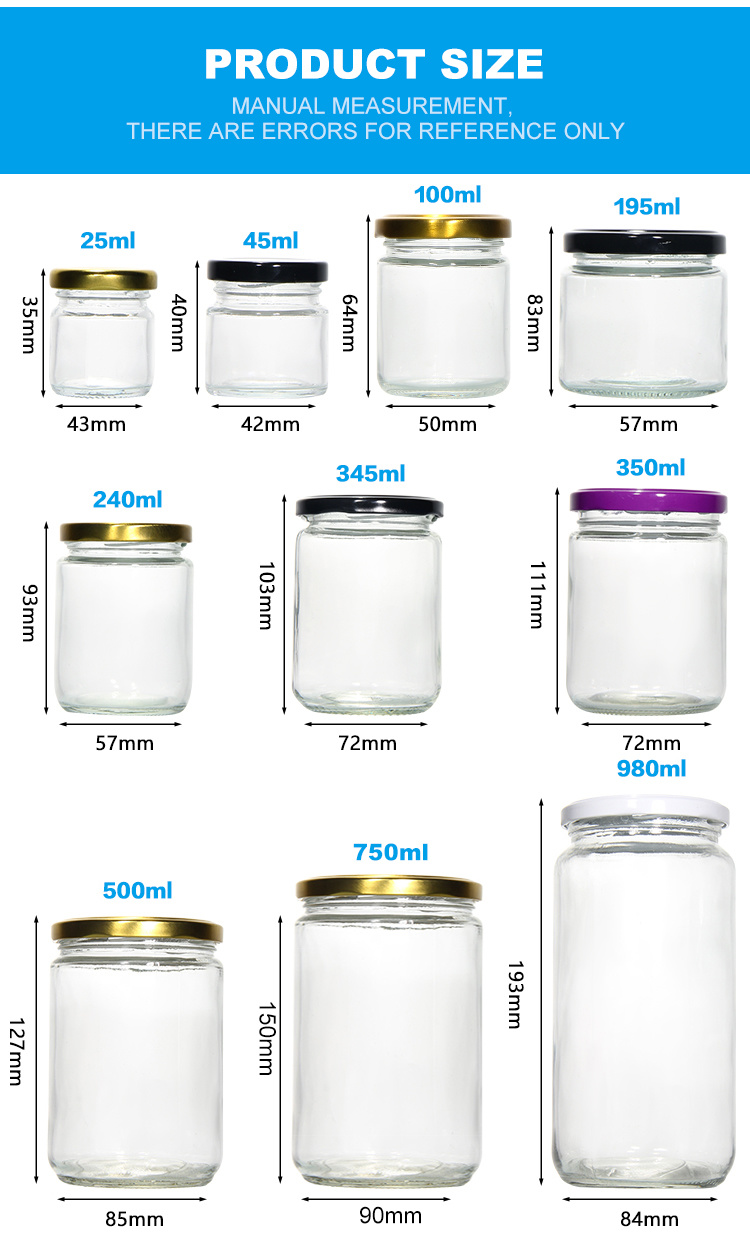 Food Grade 100ml 195ml 240ml 350ml 500ml Round Empty Glass Honey Jar with Metal Lid