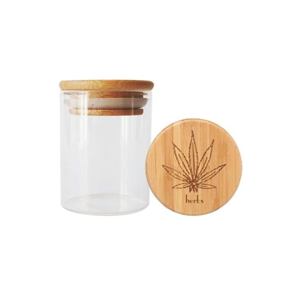 Quality Wood Suction Lid Borosilicate Glass Jar 1-18oz Wide Mouth canabiss Flower Jar for sale
