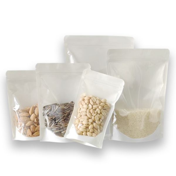 Quality Customizable White Kraft Paper Stand-up Pouches With Window For Food Packaging for sale
